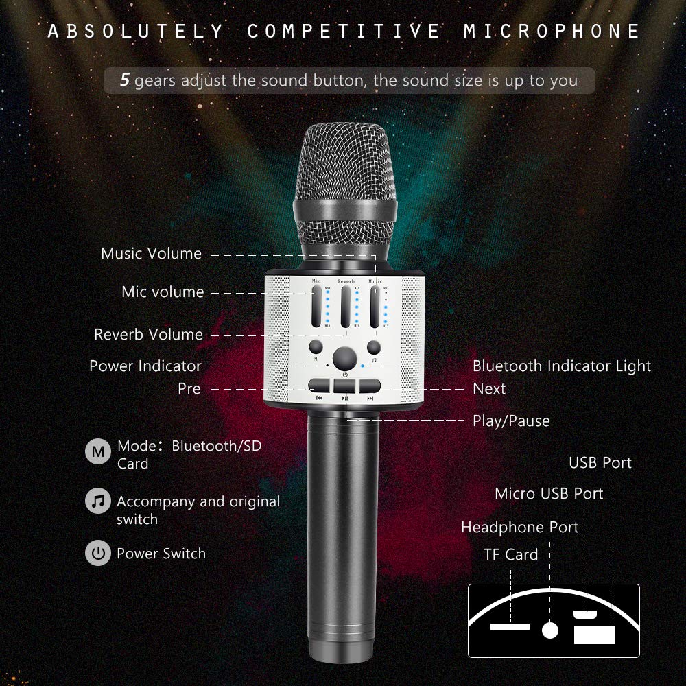 BONAOK Bluetooth Wireless Karaoke Microphone, Portable Rechargeable Karaoke Machine Speaker with Stereo Sound Party Home Birthday Gift for All Smartphone/PC (Space gray)