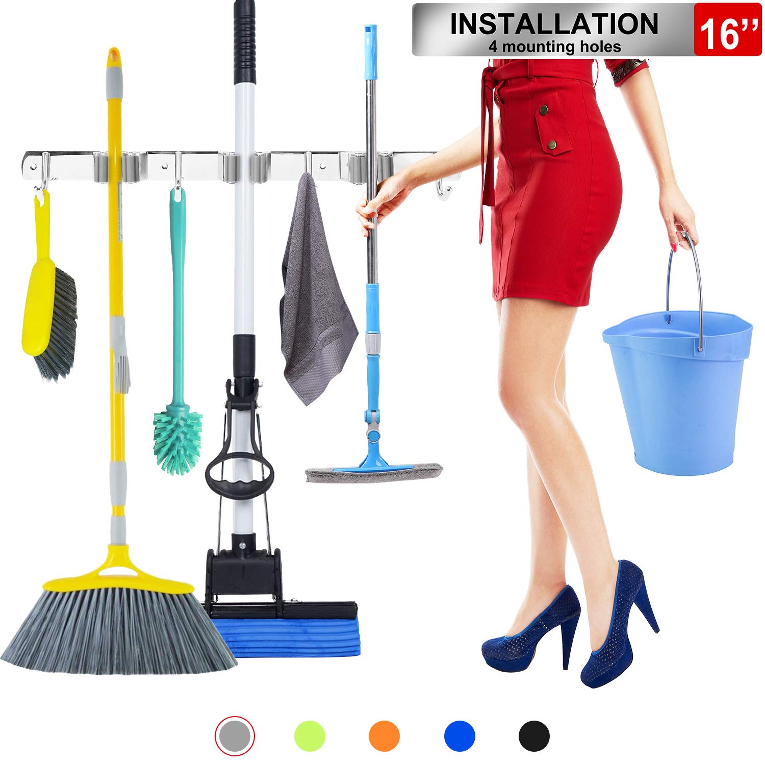 Broom Holder Wall Mount and Garden Tool Organizer, Closet Storage, Kitchen Rack, Home Organization and Garage Organizer for Rake or Mop Handles Broom Closet Pack 1green