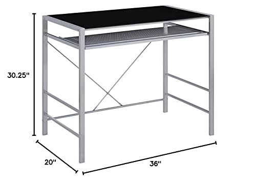 OSP Home Furnishings Zephyr Computer Desk with Keyboard Shelf and Tempered Glass Top, Black Glass and Silver Frame
