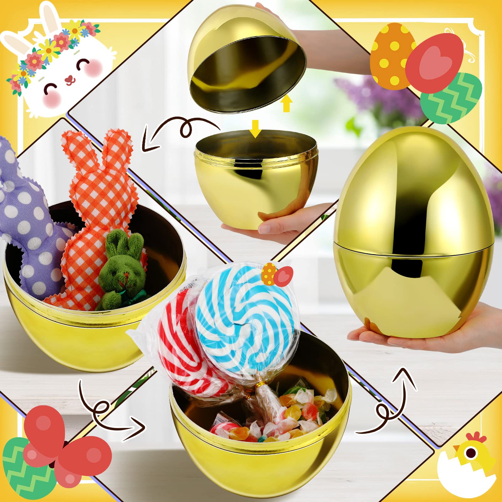 Deekin 6 Pcs Jumbo Gold Easter Egg Empty Fillable Plastic Egg Large Egg for Party Favor Easter Hunt Decoration Goodie Basket Prize Birthday Carnival Classroom Reward, 7.9 x 6.1 x 6.1''(Golden)