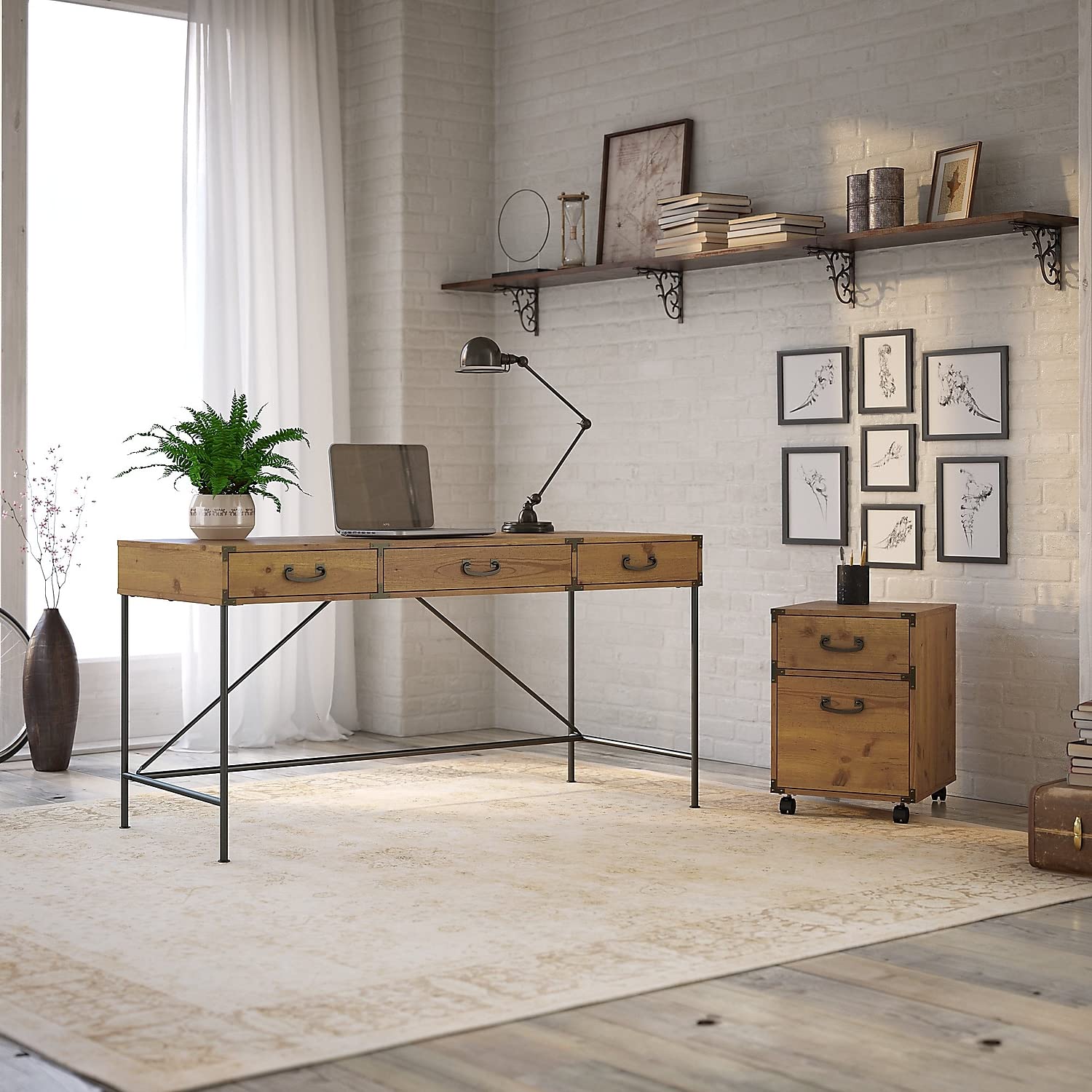Bush Furniture Ironworks Writing Desk with 2 Drawer Mobile File Cabinet, 60W, Vintage Golden Pine