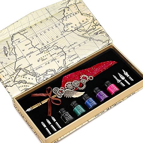 NC Feather Calligraphy Set, Quill Pen Ink Set Includes 5 Bottles of Ink and 6 Replaceable Stainless Steel Nibs, Calligraphy Pen for Writing, Writing Letters, Signing Invitations Etc (Red)