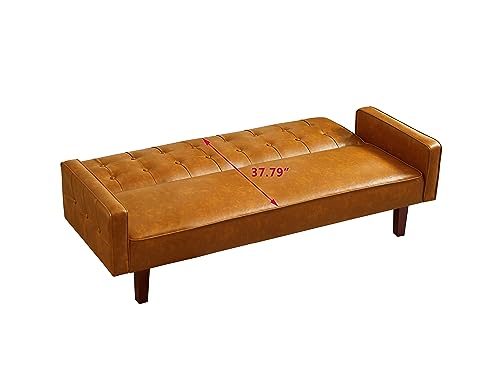 Eafurn 74.41" Faxu Leather Upholstered Futon Bed, Deep Button Tufted Convertible Folding Sleeper Solid Wood Legs, 3 Seater Comfy Soft Sofa & Couches for Living Room Office, Brown PU