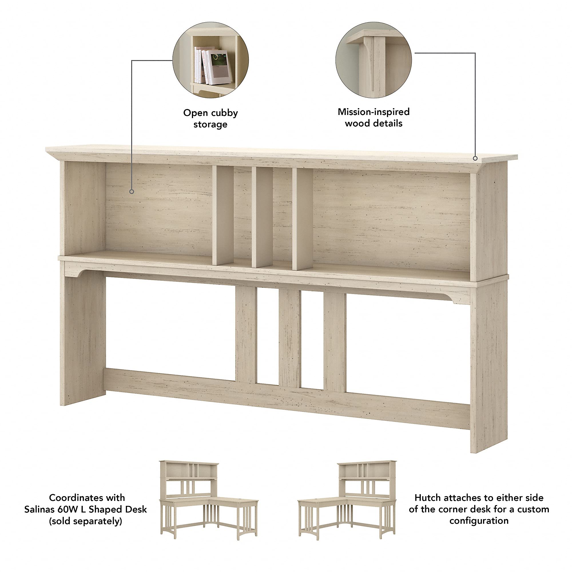 Bush Furniture Salinas Hutch, Desk Attachment with Shelf Storage for Home Office, 60W, Antique White