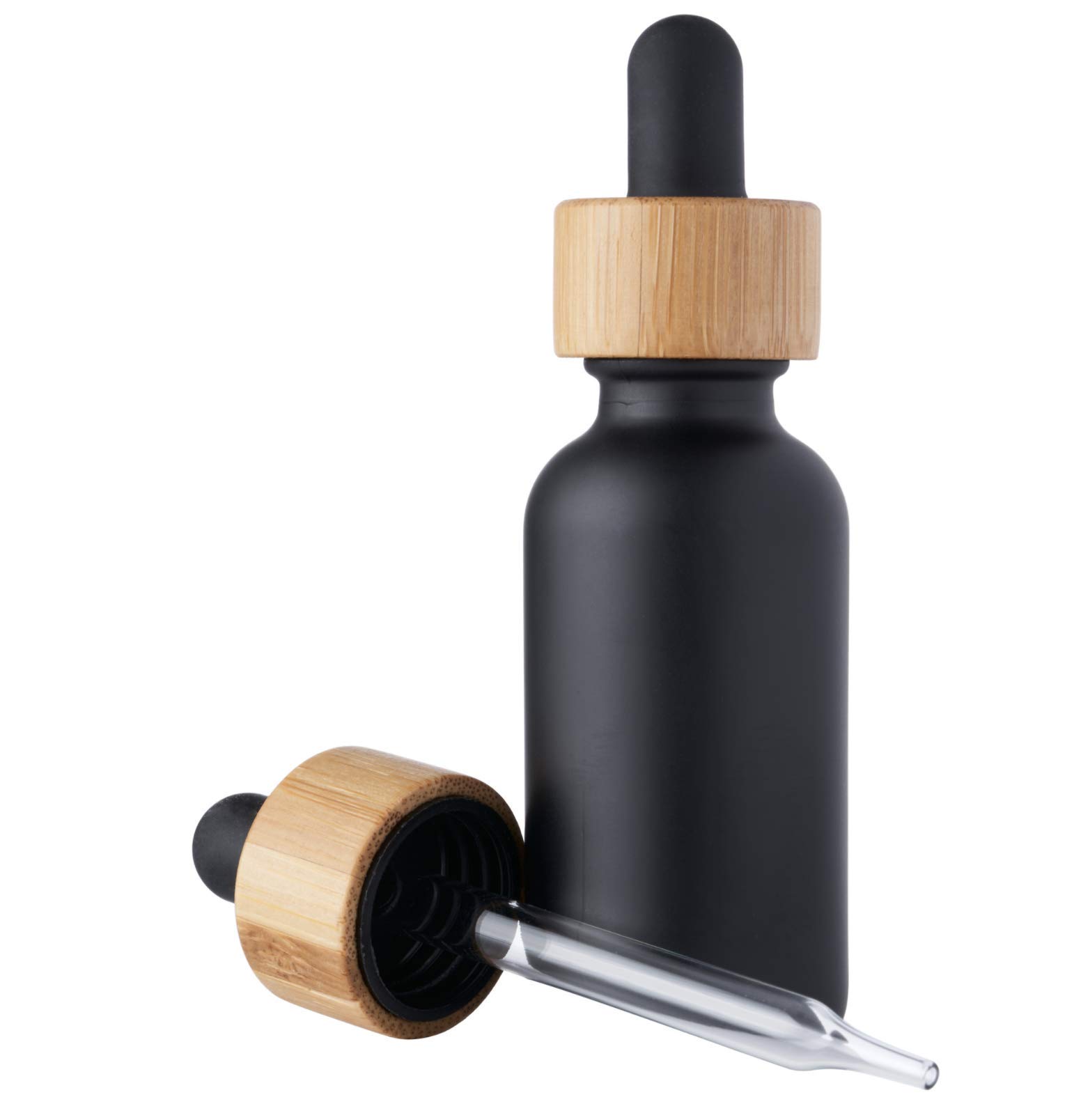 Focus Nutrition 12 Pack Black Coated Boston Round Essential Oils Aromatherapy Glass Bottles Jar With Bamboo dropper cap, 1oz