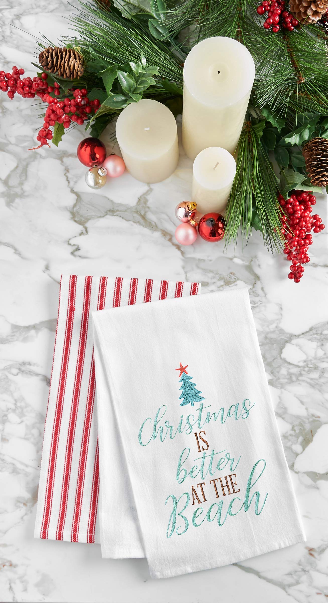C&F Home Christmas is Better at The Beach Coastal Holiday Christmas Xmas Embroidered (Not Printed) Flour Sack Kitchen Towel Decor Decoration 18" x 27" White