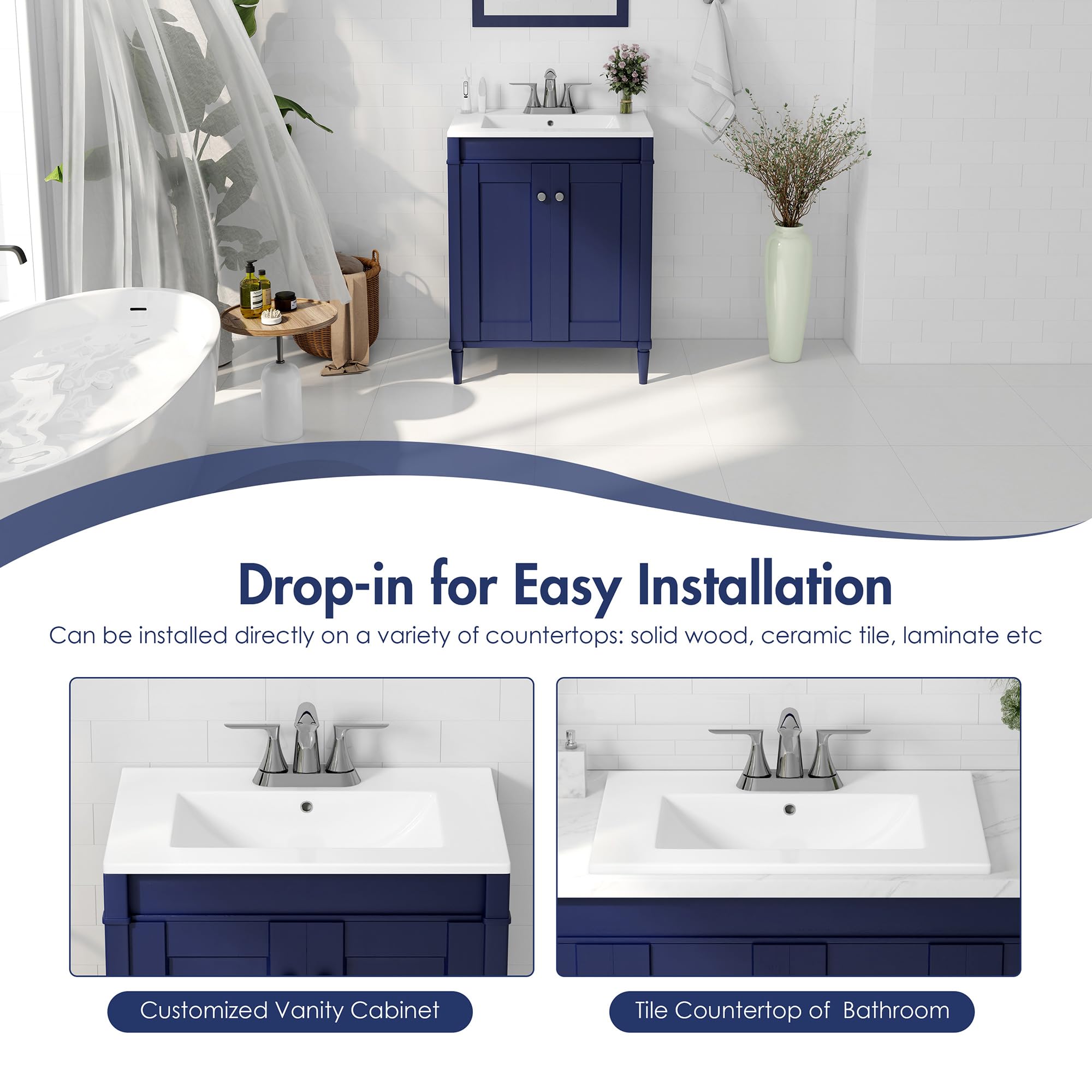 Eridanus 24"x18¼" Bathroom Sink with Three Holes (4inch Centerset), Ceramic Bathroom Vanity Sink Top with Overflow, Drop in Bathroom Vessel Sink Rectangle Ideal for Small Spaces - Glossy White