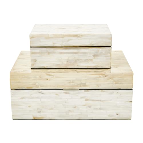 Deco 79 Mother of Pearl Handmade Box with Hinged Lid, Set of 2 12", 8"W, White