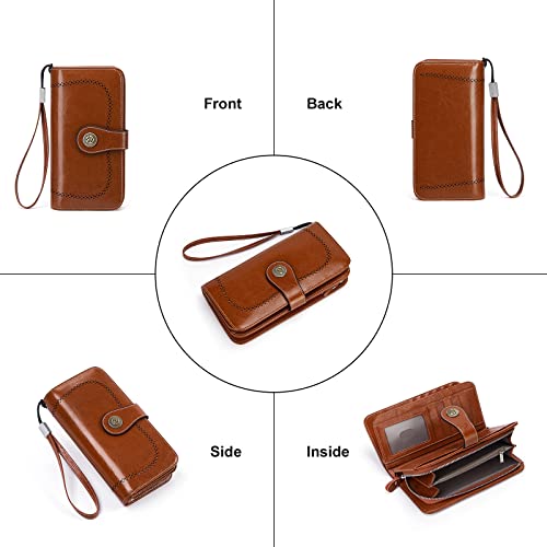 Cnoles Womens Wallet Genuine Leather Large Capacity Wristlet Clutch Purse Credit Card Holder with RFID Blocking Purse Light Brown