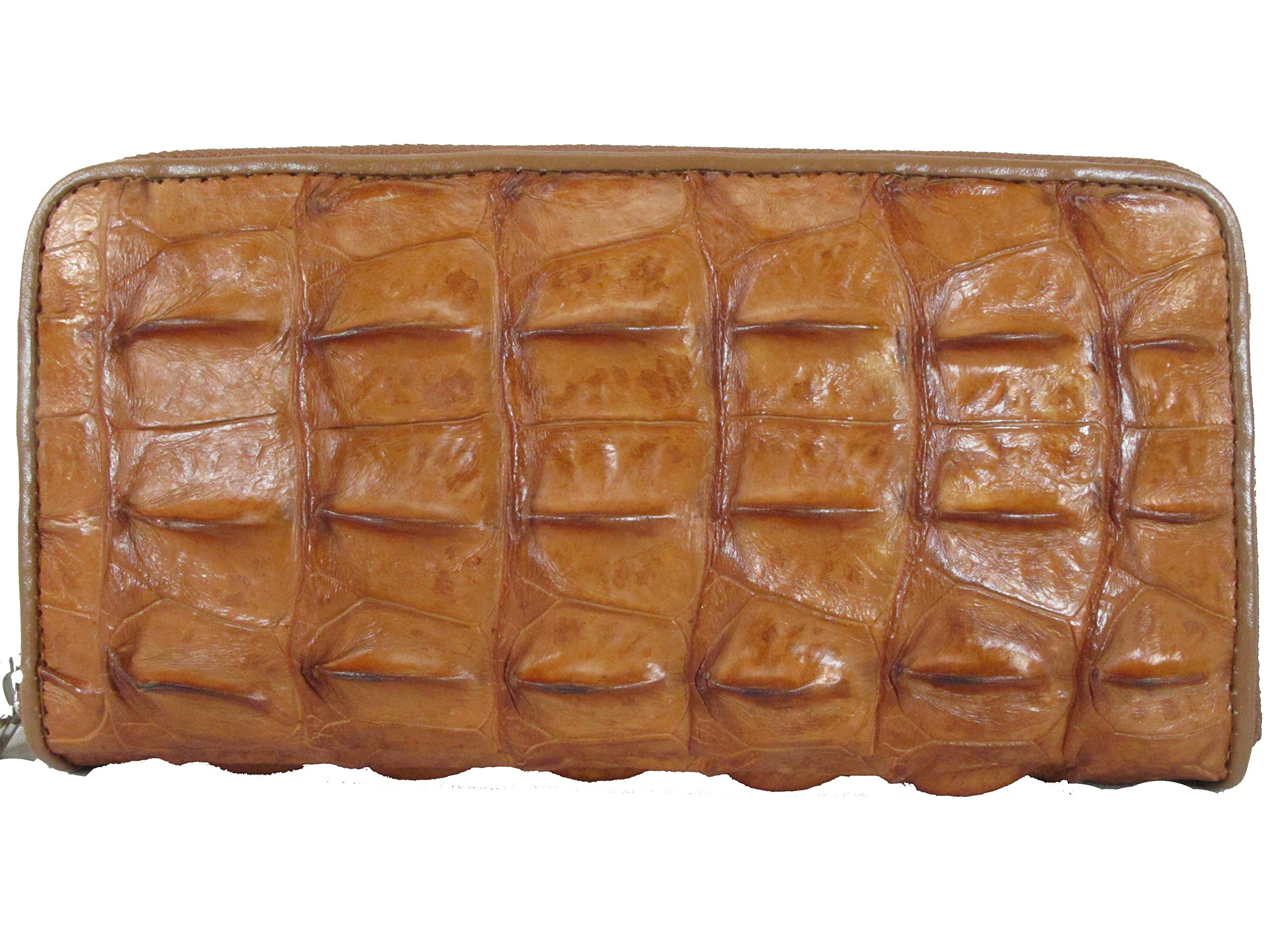 Pelgio Genuine Crocodile Backbone Skin Leather Zip Around Long Wallet (Tan Brown)