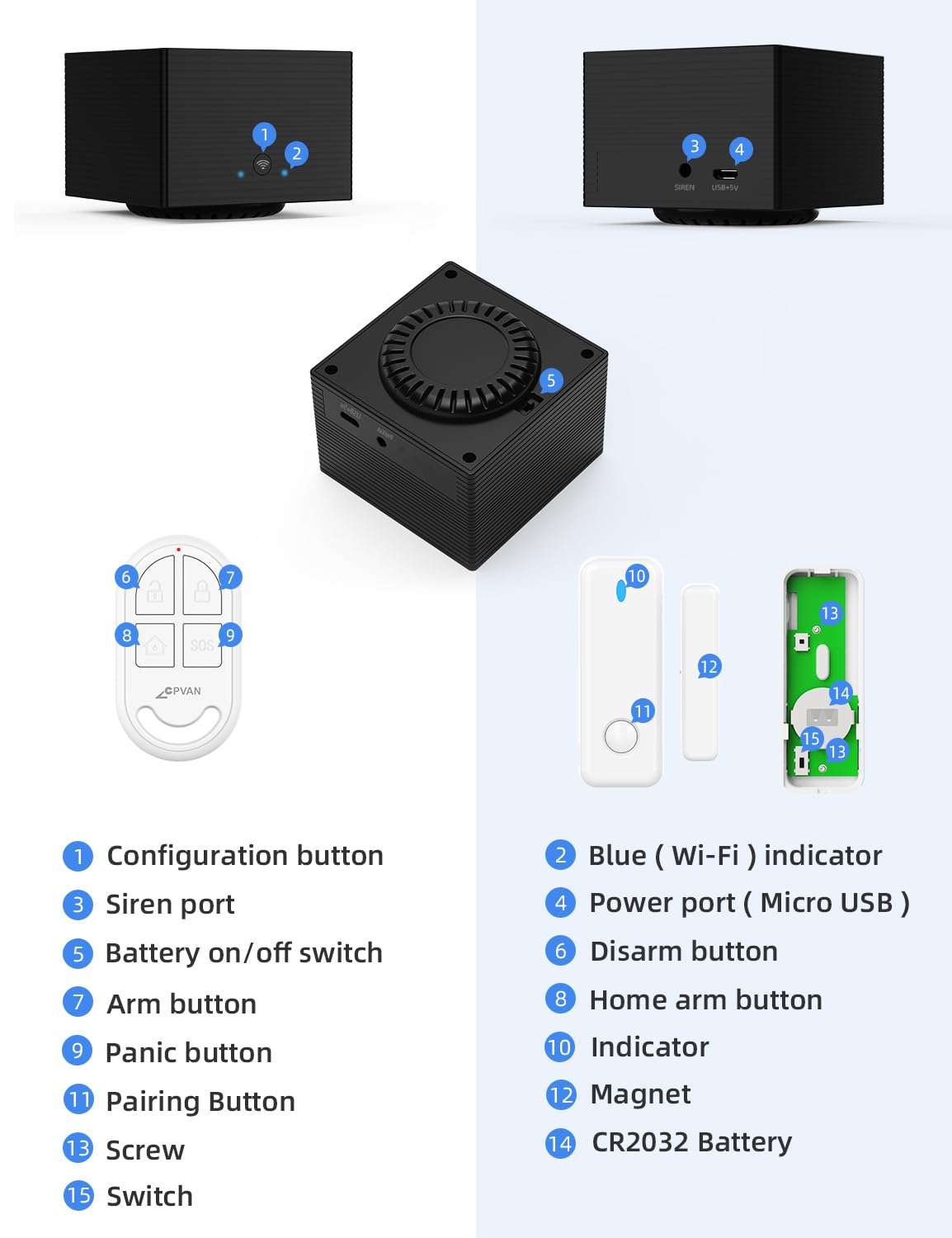 CPVAN Home Alarm System, Door Alarm System with Phone APP Alert, Door Window Sensor, Remote, Alarm Siren for Kids Elders Safety, Fit House Apartment, Compatible with Alexa, 2.4G/5G Wi-Fi 8PCS Kit