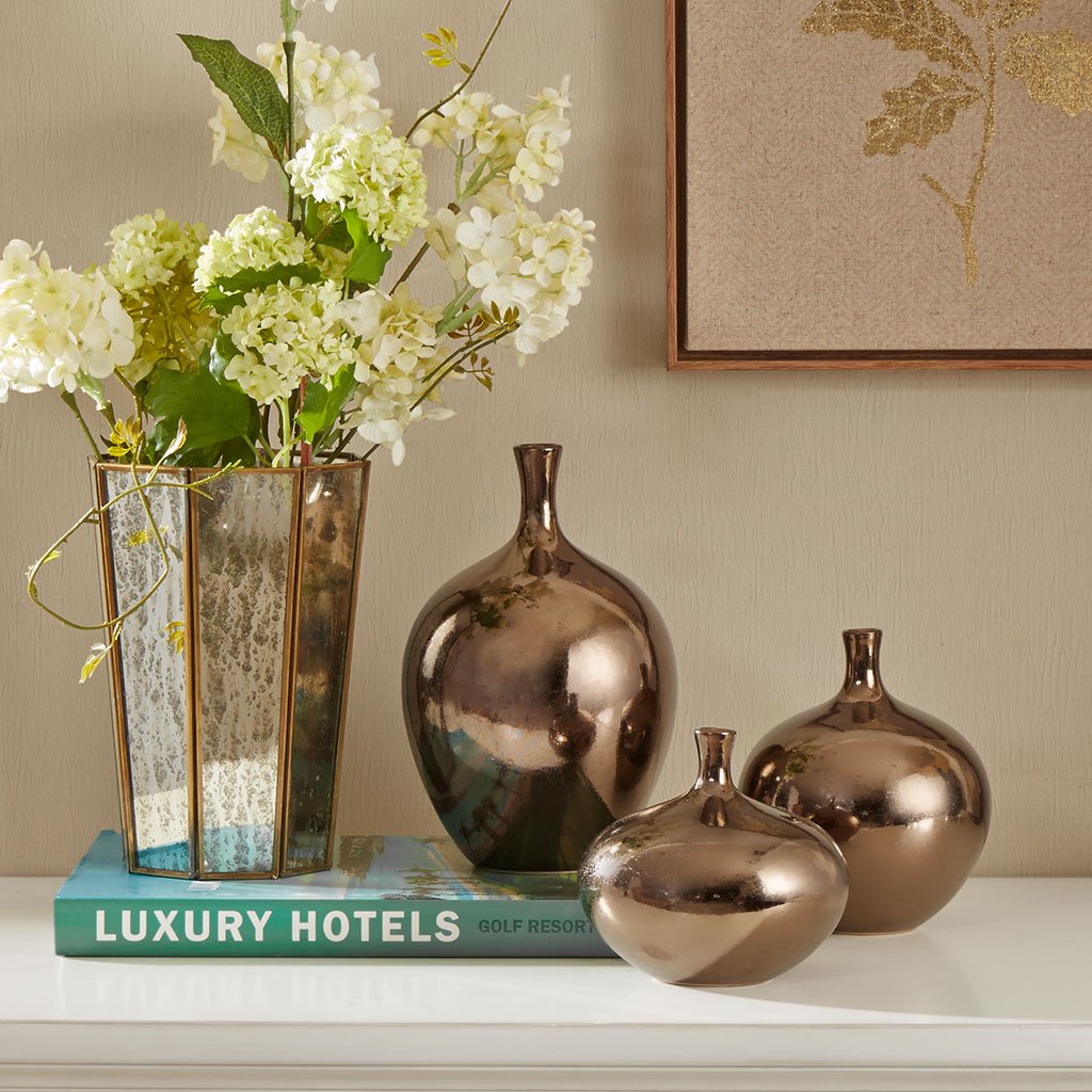 Madison Park Signature Ansen Ceramic Handmade Vase Set Home Décor - Metallic Accent Living Room Decoration Ideal for Shelf, Side Table, Mantle Ornaments, Multi Size, Bronze 3 Piece