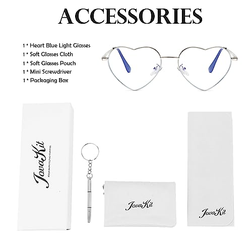 JOVAKIT Heart Shaped Blue Light Blocking Glasses for Women Fashion Vintage Lovely Style Metal Frame Eyeglasses (Silver)