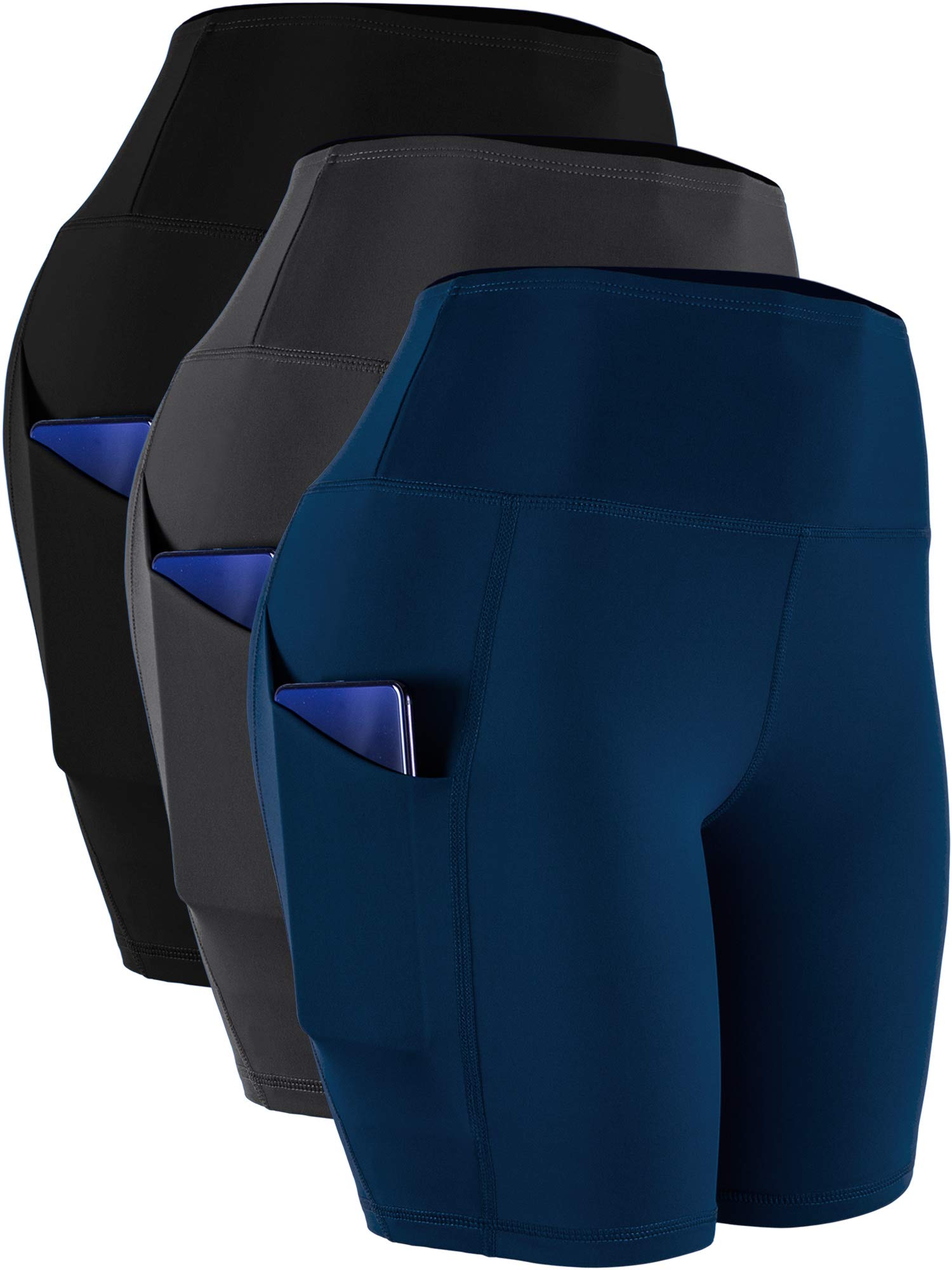 CADMUS Women's High Waist Spandex Yoga Shorts for Bike Running Two Side Pockets,10,Black,Grey,Navy Blue,Medium