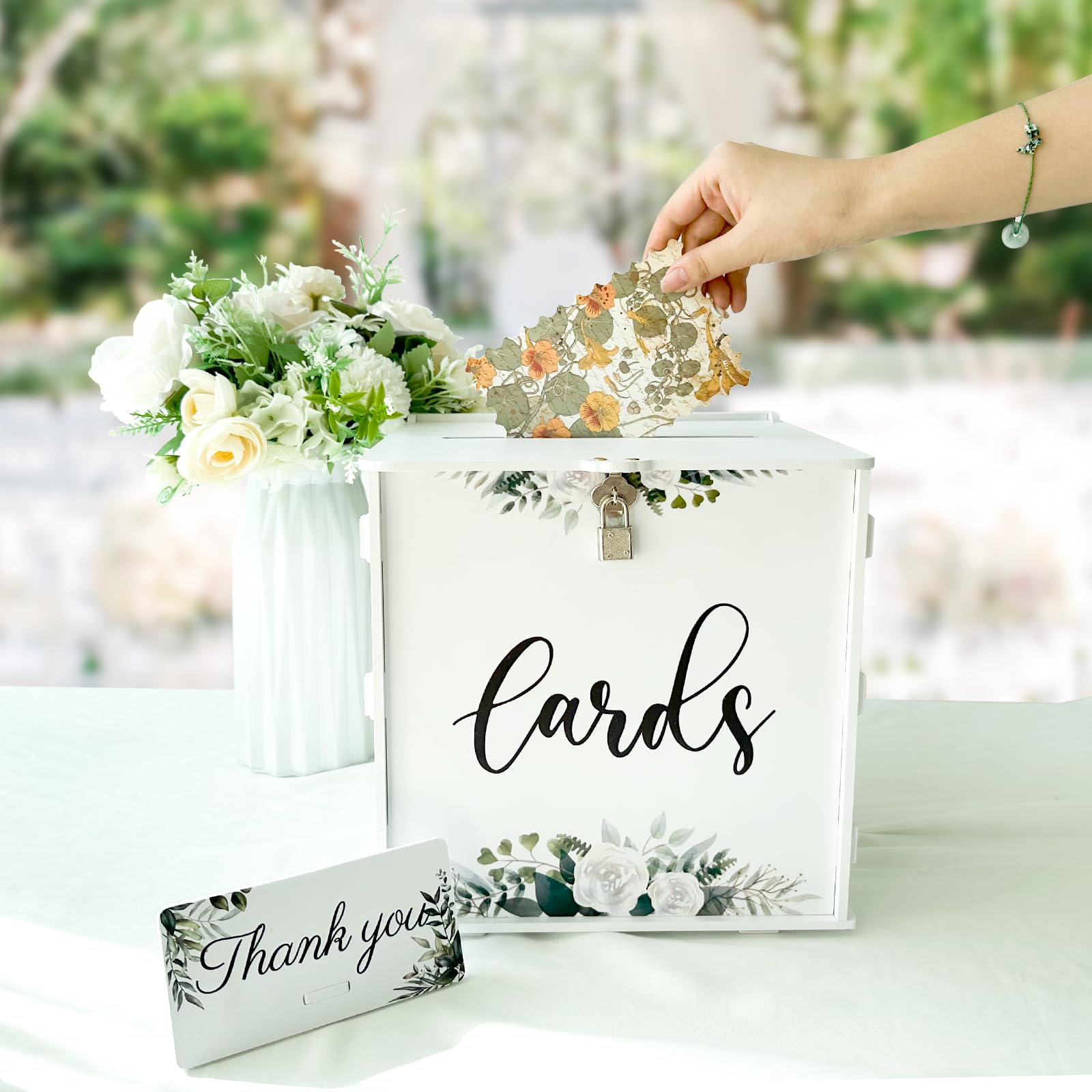CYAOOI White Wedding Card Box with Lock, PVC Party Card Box for Wedding Reception, Floral Wedding Money Envelope Gift Card Holder Box for Graduation Birthday Baby Shower Decorations