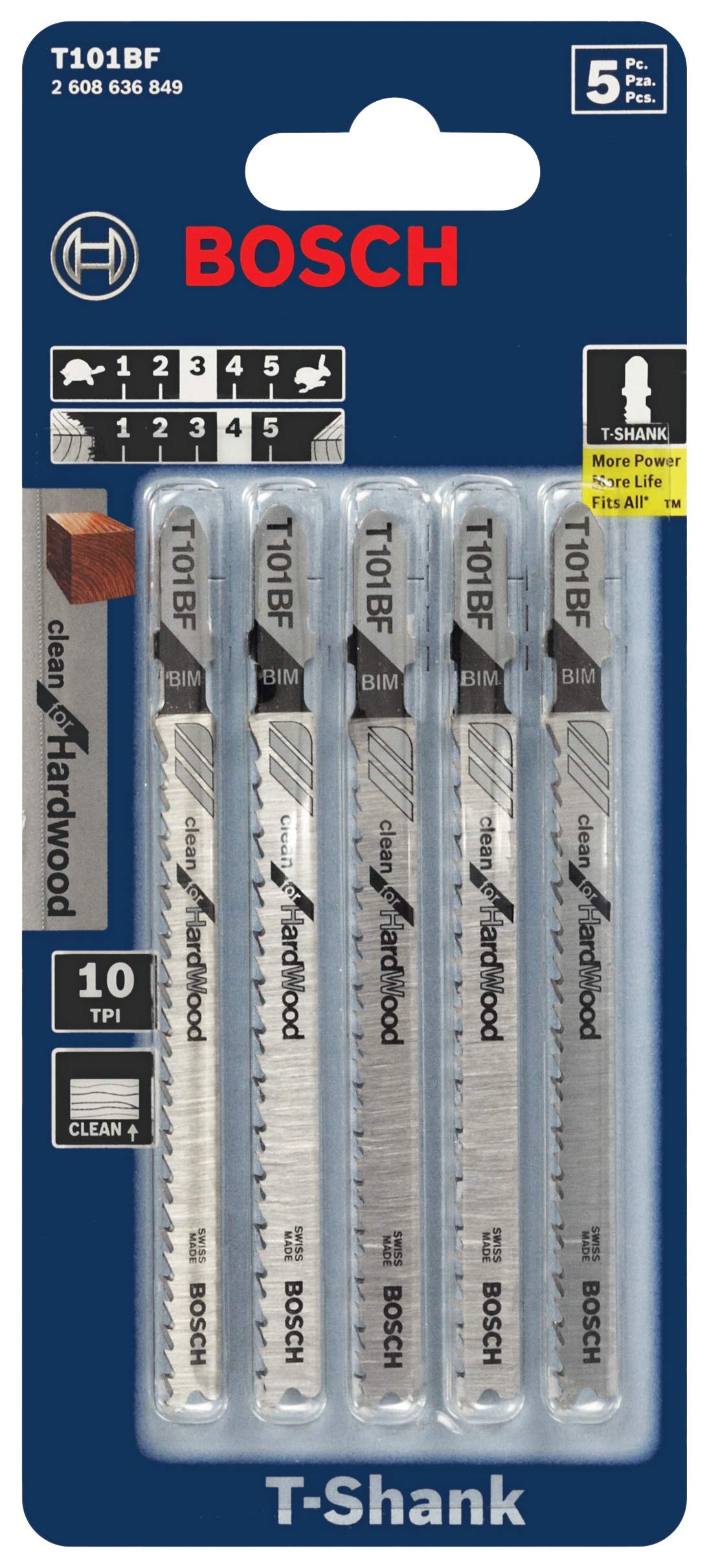 BOSCH T101BF 5-Piece 4 In. 10 TPI Variable Pitch Clean for Hardwood T-Shank Jig Saw Blades , Silver