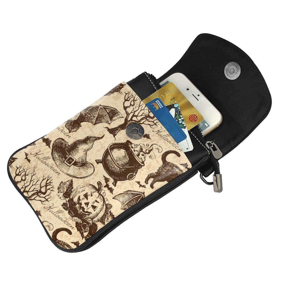 Perfect Gift - Stylish Cat Bat Pumpkin Party Pattern Cell Phone Purse Wallet Big Pocket Small Crossbody Bags Adjustable Shoulder Strap Cellphone Pouch With Card Slots