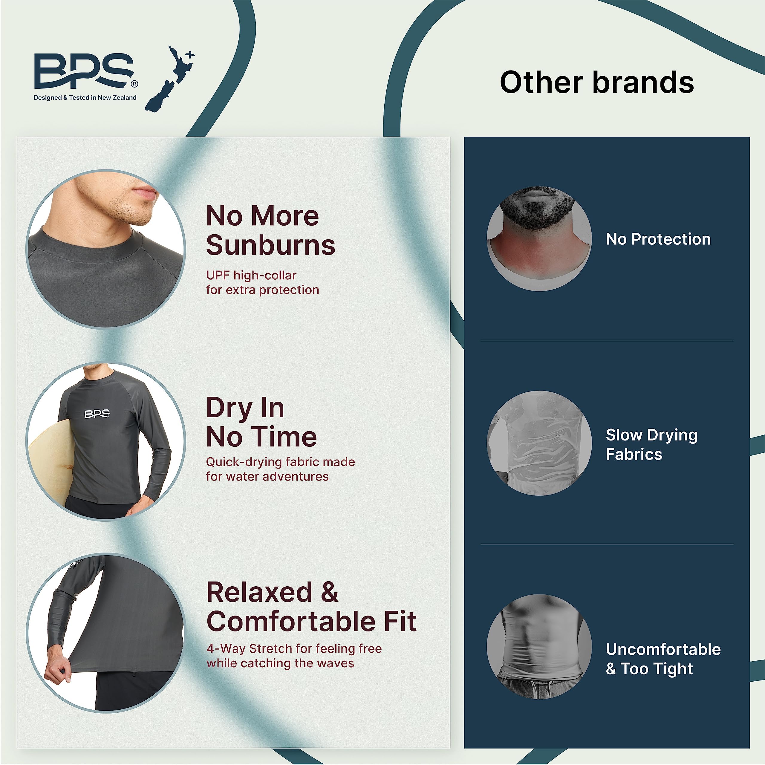 BPS Men's Long Sleeve Swim Shirt/Rash Guard with Sun Protection (Charcoal, M)