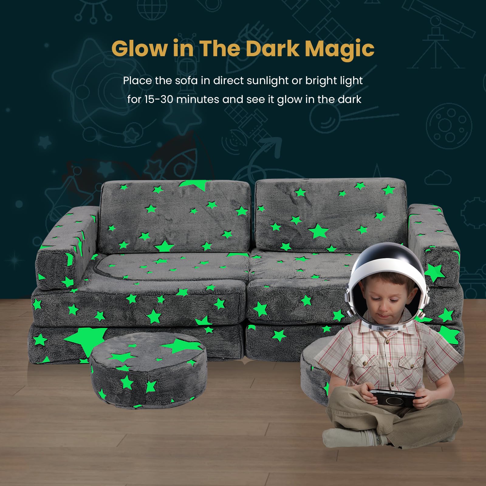 Edbuosy Modular Kids Play Couch- 12-in-1 Large Kids Sofa with Fluorescent Pattern for Playroom Bedroom Kids Couch Suitable for Playing Creativity and Sleeping for Boys and Girls-Grey Star