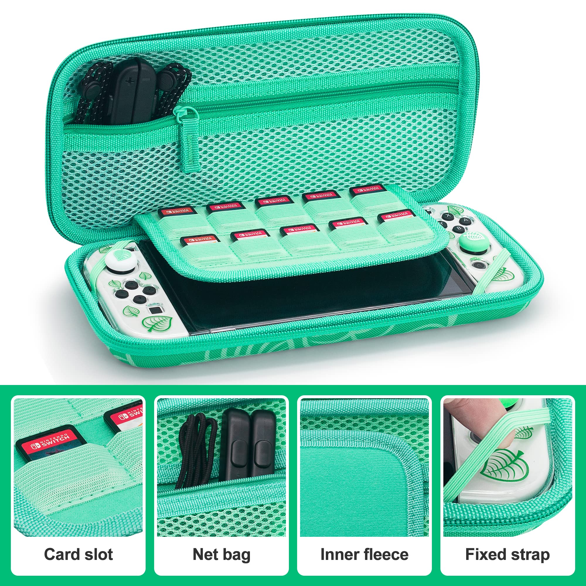 Carrying Case Kit for Switch OLED Accessories Bundle Leaf Potable Carry Storage Bag for Animal Crossing with Cute Pendant / Dockable Clear Cover / Screen Protector Protective Thumb Grip Caps