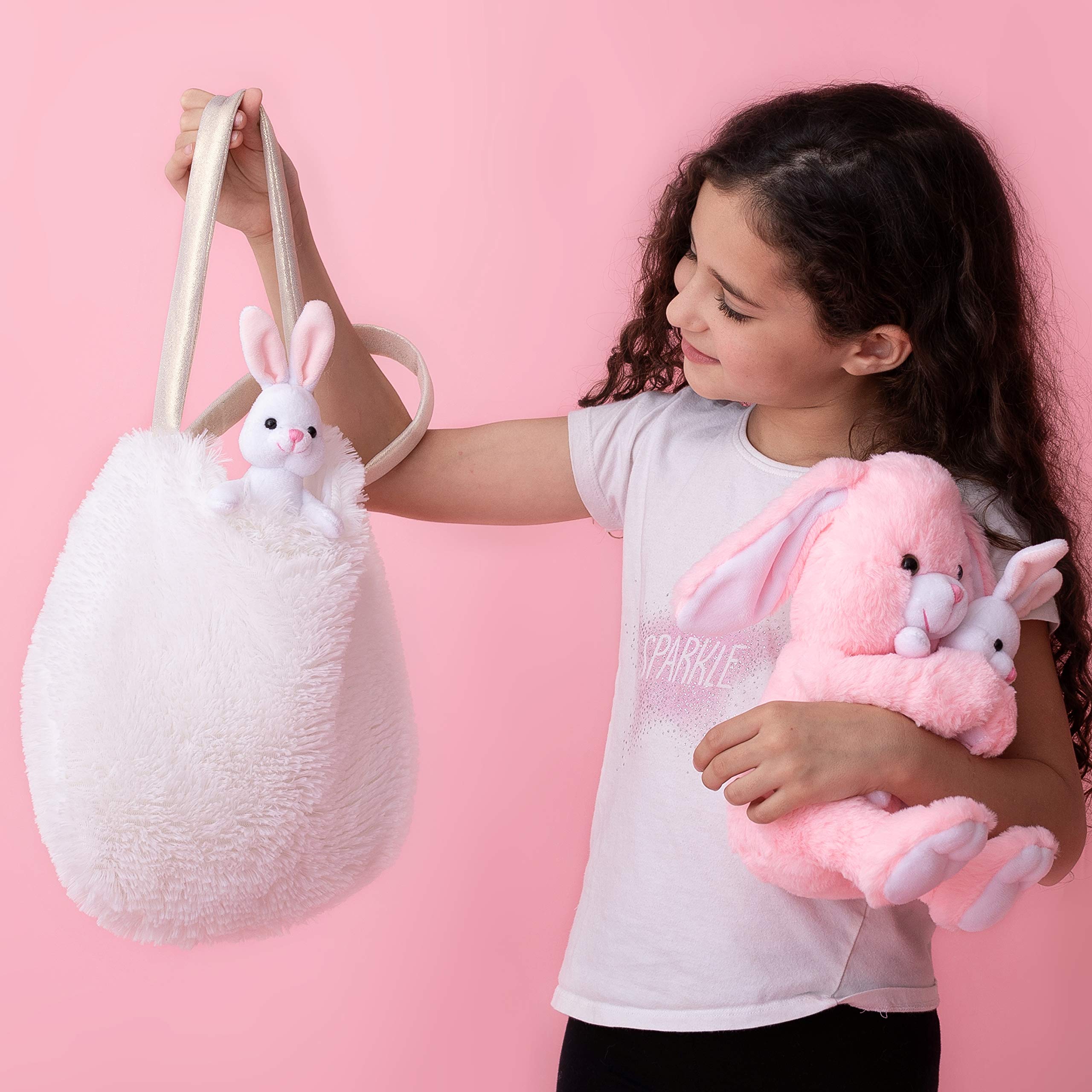 Perfectto Design Bunny Toy, 4 Pcs Set. Mommy, 2 Baby Rabbit Toys, XL Furry Bag and Doll Blanket. Age 3-8