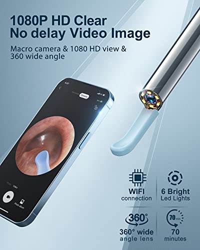 Ear Wax Removal, Ear Cleaner Camera with 1080P, Ear Cleaning Kit with 6 Ear Pick, Ear Camera for iPhone, iPad, Android Phones, with 8 Pcs Ear Set