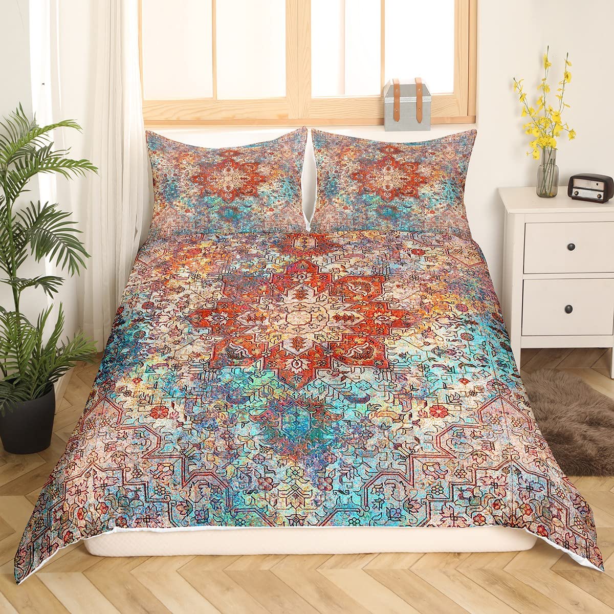 Erosebridal Cute Tribal Duvet Cover Full, Boho Mandala Bedding Set, Bohemian Retro Floral Exotic Colorful Ombre Comforter Cover, Vintage Antique Damask Room Decor Quilt Cover