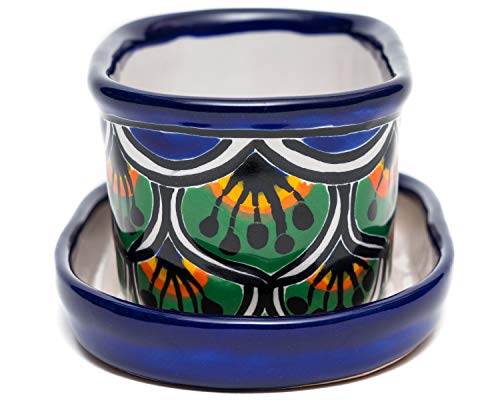 Enchanted Talavera Mexican Talavera Ceramic Succulent Pot Mini Flower Planter Cactus Bonsai Pot W/Drainage & Drip Dish Home Garden Office Desk Décor Gift Set (Peacock)