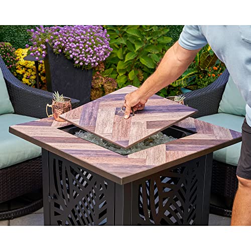 Endless Summer Darby 30 Inch Square Outdoor UV Printed 50,000 BTU LP Gas Fire Pit Table with Faux Wood Mantel and Stamped Steel Base
