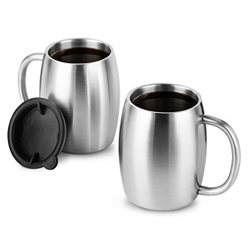 Stainless Steel Coffee Mug with Lid, Set of 2 - Premium Double Wall Insulated Travel Mugs - Shatterproof, BPA Free Spill Resistant Lids, Dishwasher Safe