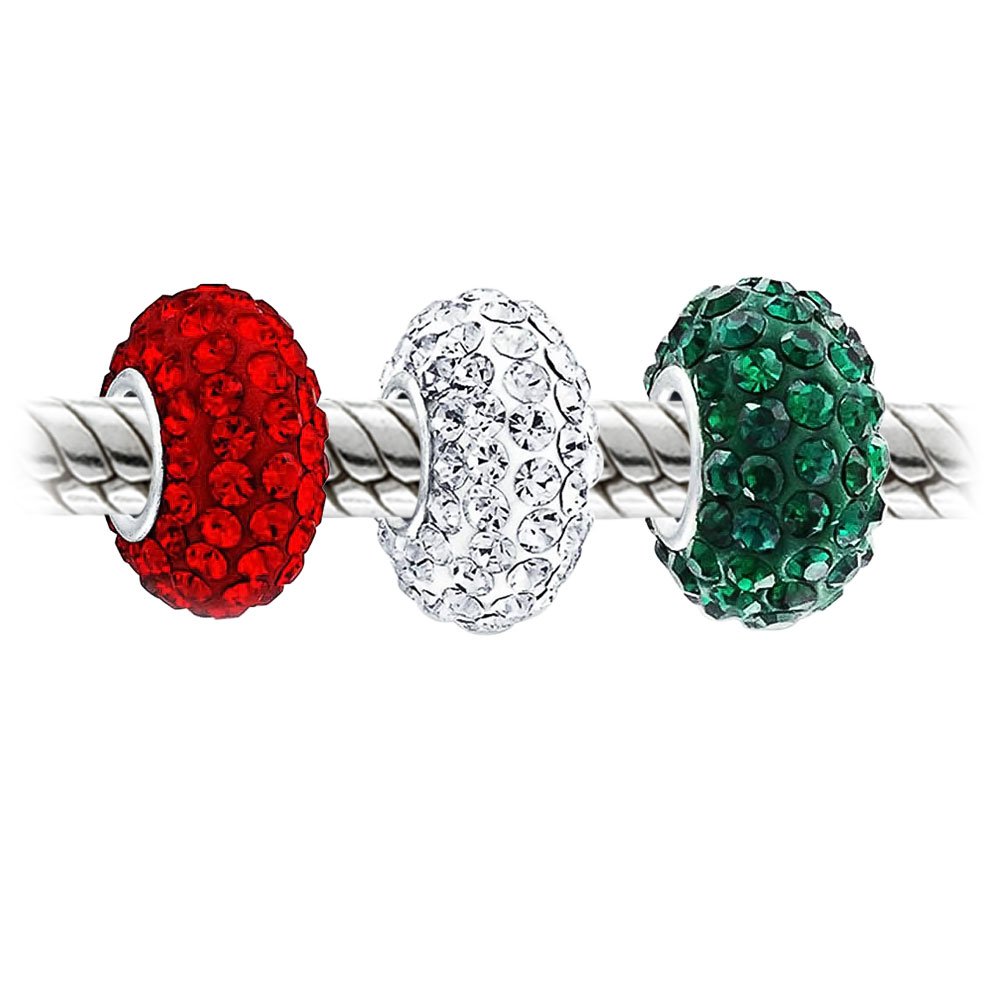 Bling Jewelry Christmas Holiday Solid Color Sparkle Red White Green Crystal Mix Bundle Set Of Three .925 Sterling Silver Charm Bead Fits European Charm Bracelet For Women Teens