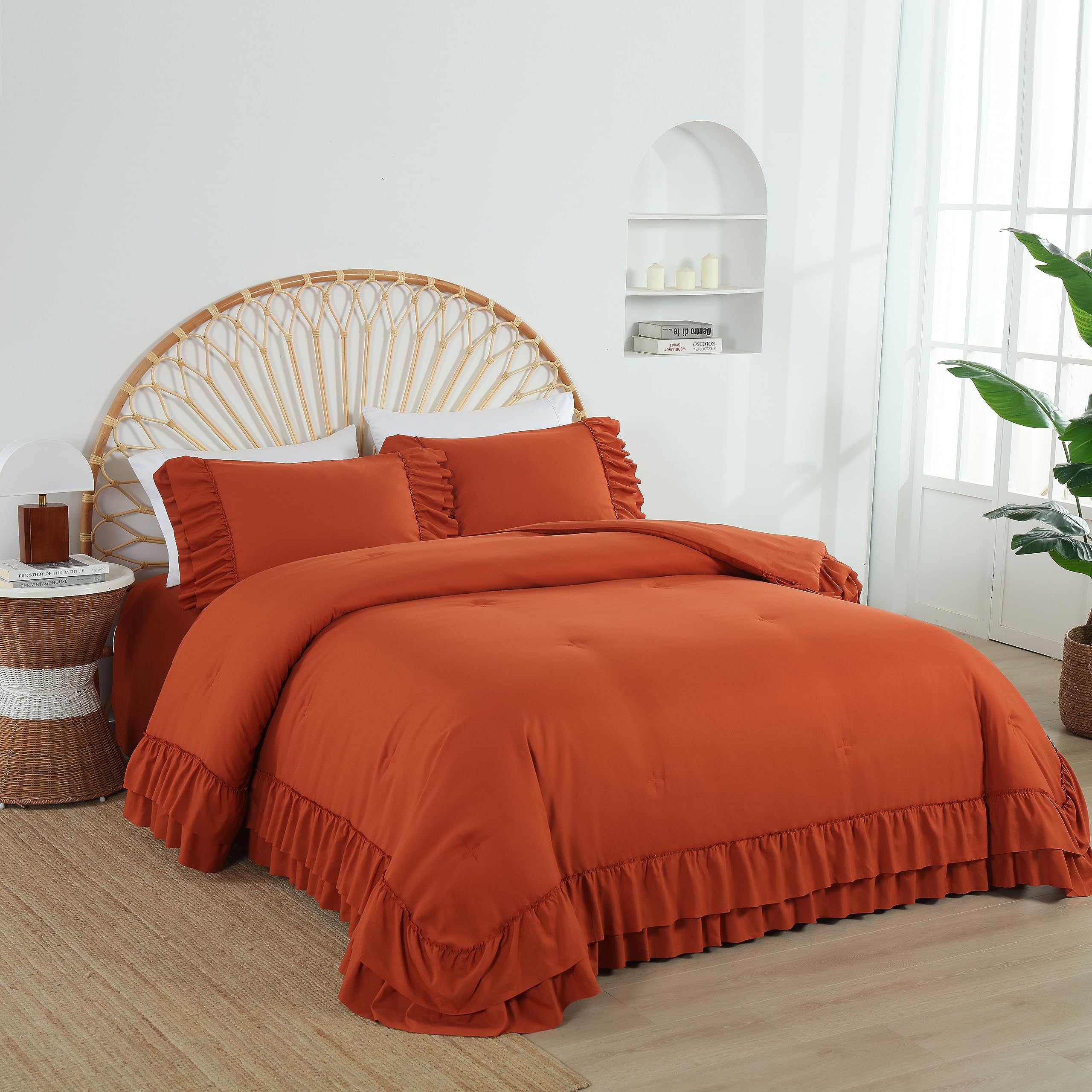 Btargot Terracotta Waterfall Double Layers Ruffle Comforter Set, 3 Piece Shabby Chic Bedding Set Queen Size for Girls WomenTeens