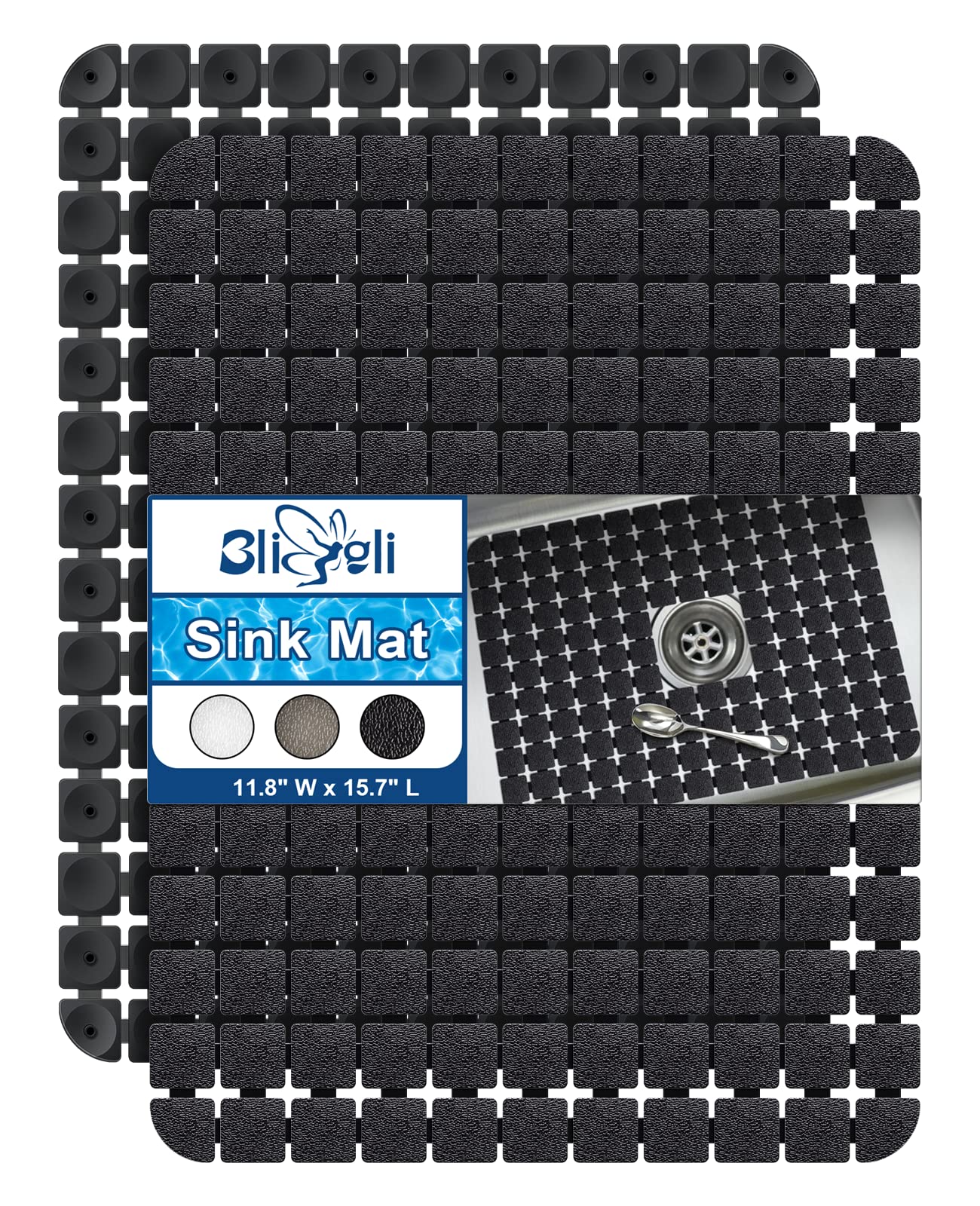 Bligli Sink Mat for Stainless Steel/Ceramic Sinks, 2 Pack 15.7x11.8 inches PVC Sink Protectors for Bottom of Kitchen Sink, Dishes and Glassware drain Mats, Durable and Fast Draining (Black)