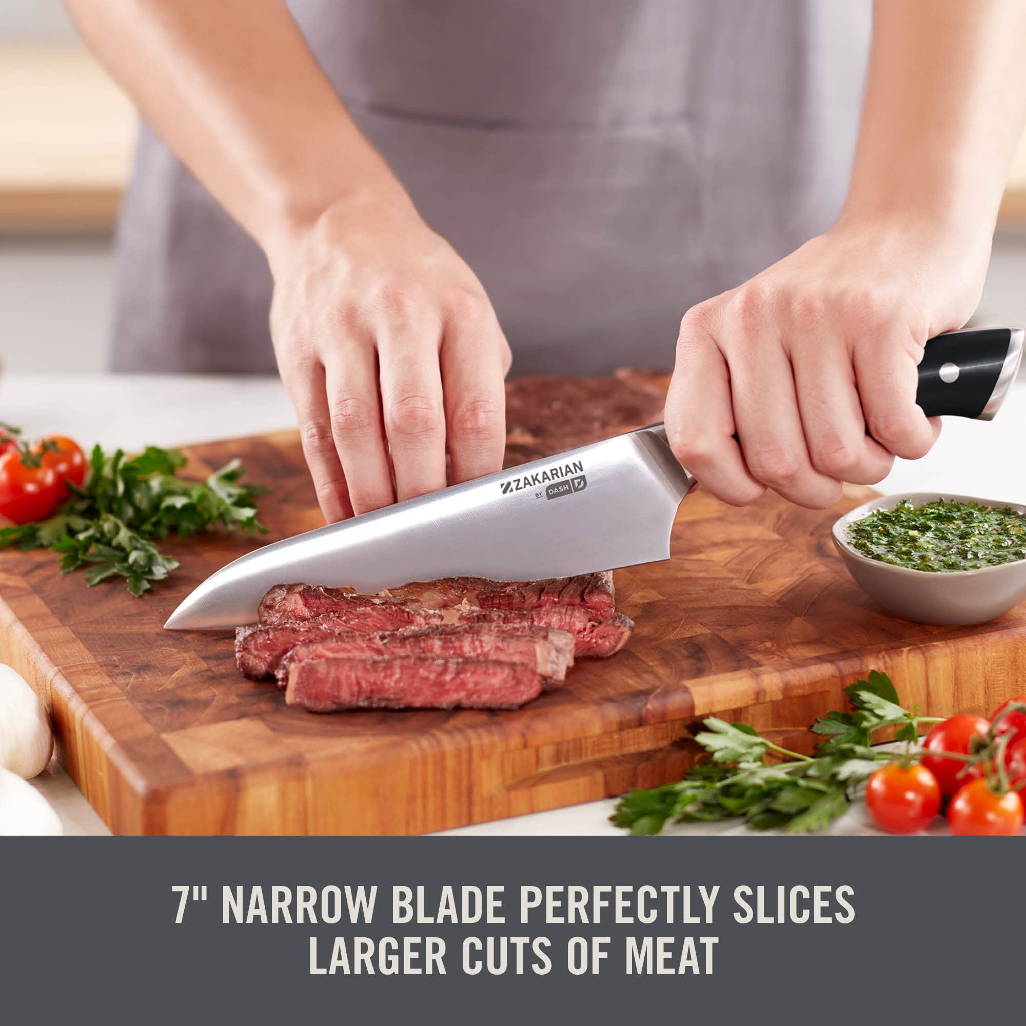 DASH Zakarian 7" Chef Knife, High Carbon German Stainless Steel Kitchen Knife with Sheath, Black