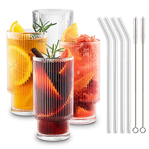 Gracenal Under Sink Organizer, Kitchen Organizers and Storage 1 Pack & Ribbed Glass Cups with Straws 12oz, Drinking Glasses Set of 4