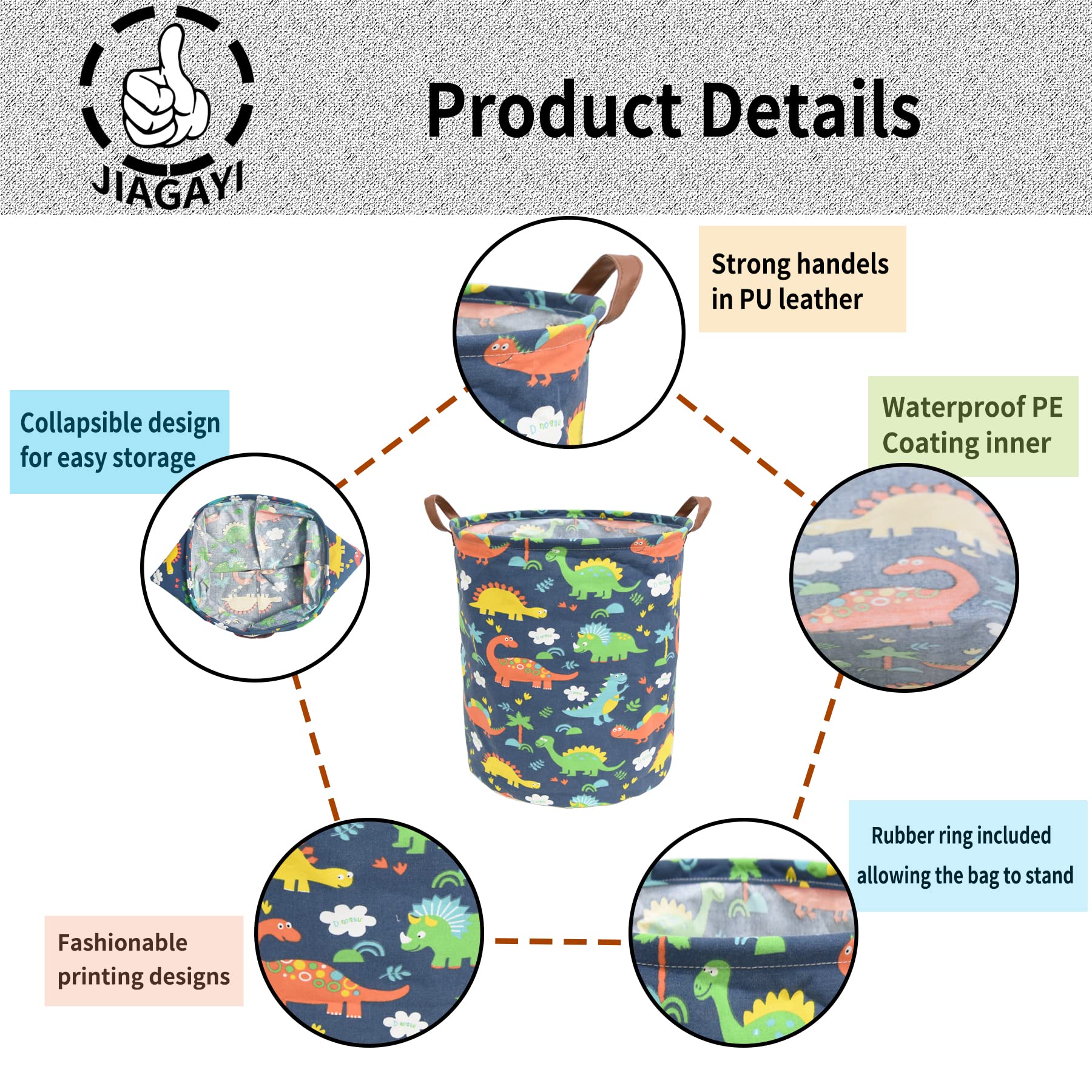 Foldable Laundry Hamper - JIAGAYI Large Round Waterproof Organizer with Handles,Home Storage,Room Toys Books Bin,Bedroom Clothes Nursery Basket.(Blue Dinosaurs)