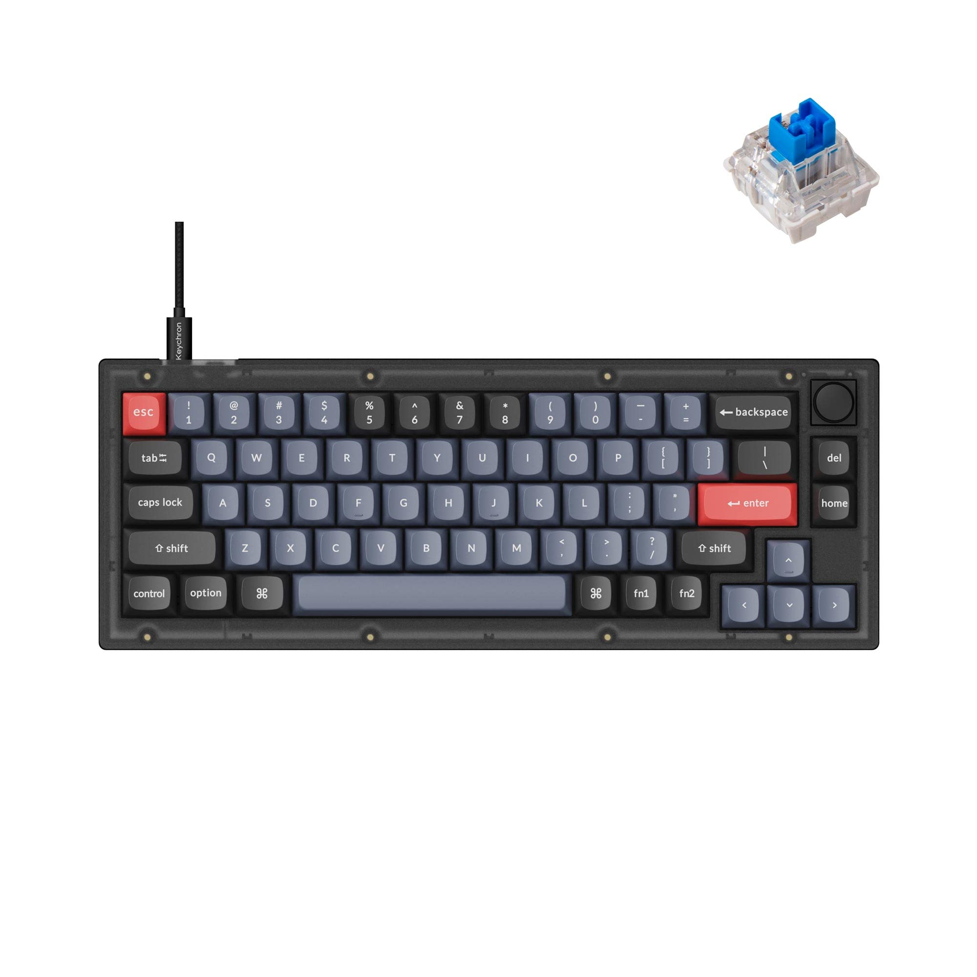 Keychron V2 Wired Custom Mechanical Keyboard Knob Version, 65% Layout QMK/VIA Programmable with Hot-swappable Keychron K Pro Blue Switch Compatible with Mac Windows Linux (Frosted Black - Translucent)