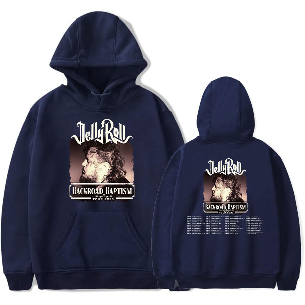 BQXZAKG Jelly Roll Hoodie Backroad Baptism Tour 2023 Merch Winter Women Men Long Sleeve Sweatshirt Casual Pullover (navy blue,Large)