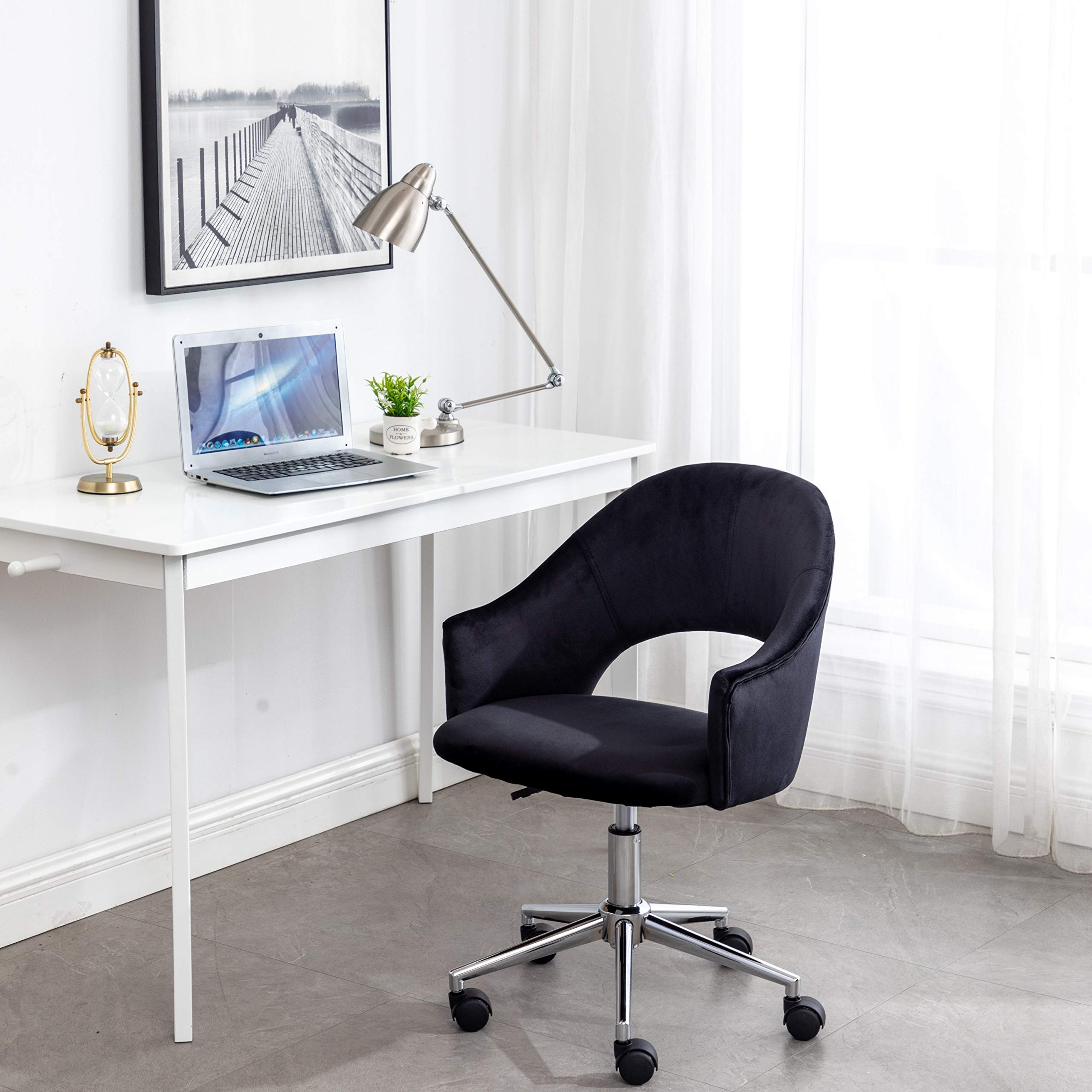 BTEXPERT Swivel Makeup Vanity Velvet Home Office Chair, Adjustable Upholstered Accent, Black