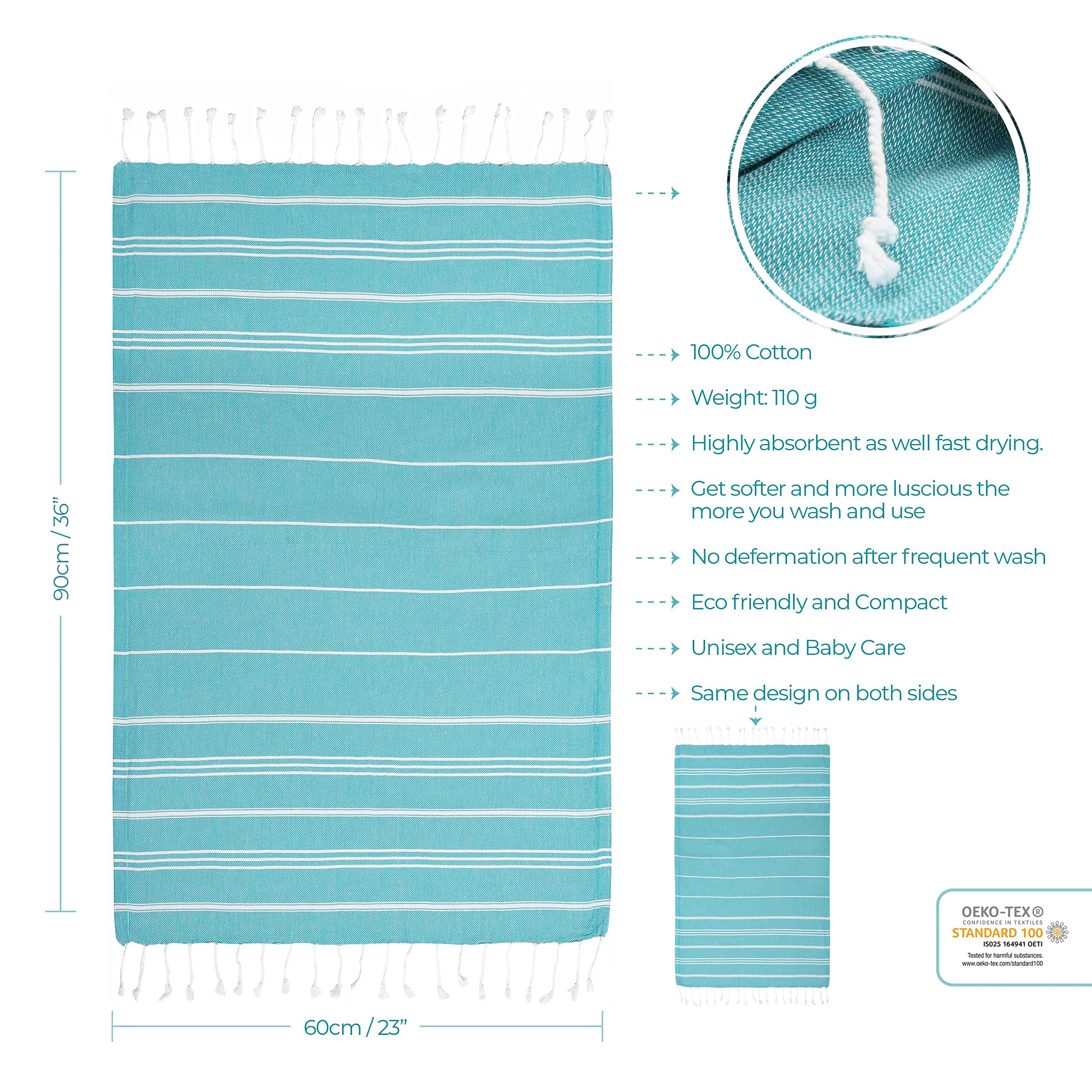 Cacala 100% Turkish Cotton Kitchen Tea Towels, Highly Absorbent Luxury Soft Quick Drying Dish Towel with Hanging Loop for Gym, Yoga, Bath, Sports, Cleaning and Kitchen (23 x 36), Aqua