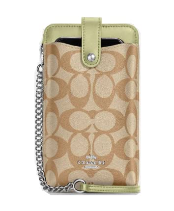 COACH Women's North/South Phone Crossbody (Signature Canvas - Khaki - Pale Lime)