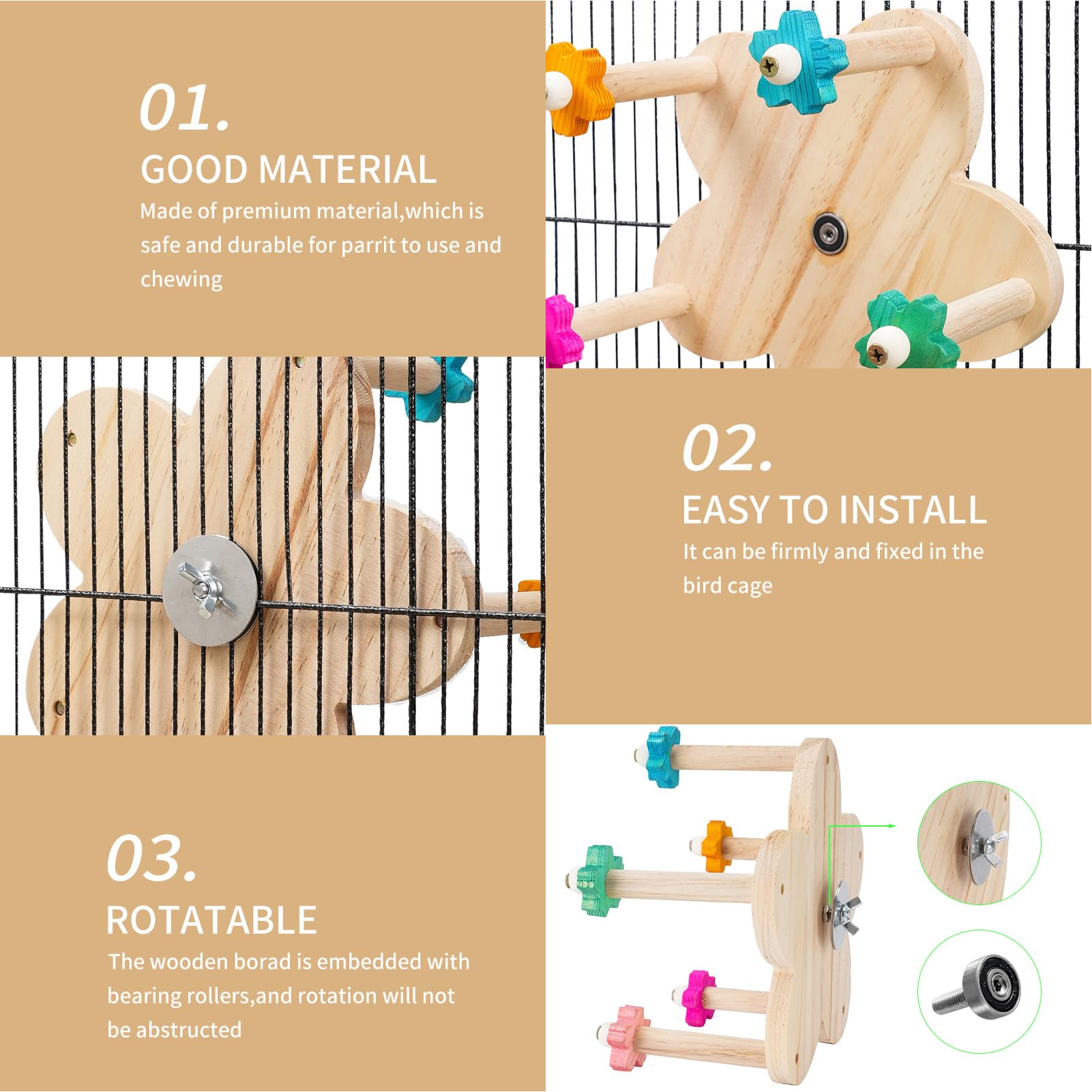 FrgKbTm Wooden Parrots Ferris Wheel Toy with Perches, Bird Toy Rotating Perch Toy, Hanging Bird Stand Cage Accessories for Parakeet Parrot, Cockatiel, Budgerigar,Conure, Lovebirds