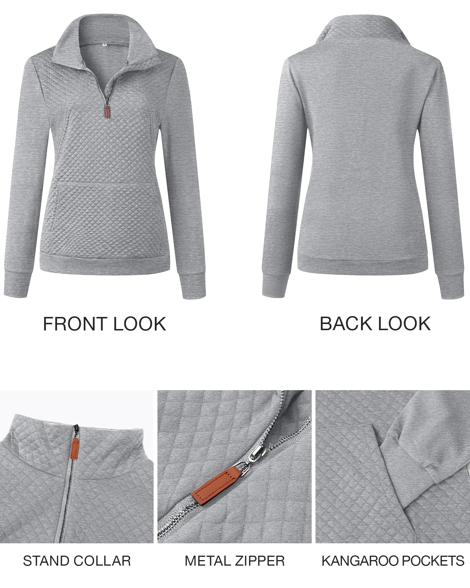 BTFBM Women Fashion Quilted Pattern Lightweight Zipper Long Sleeve Plain Casual Ladies Sweatshirts Pullovers Shirts Tops (Light Grey, Medium)