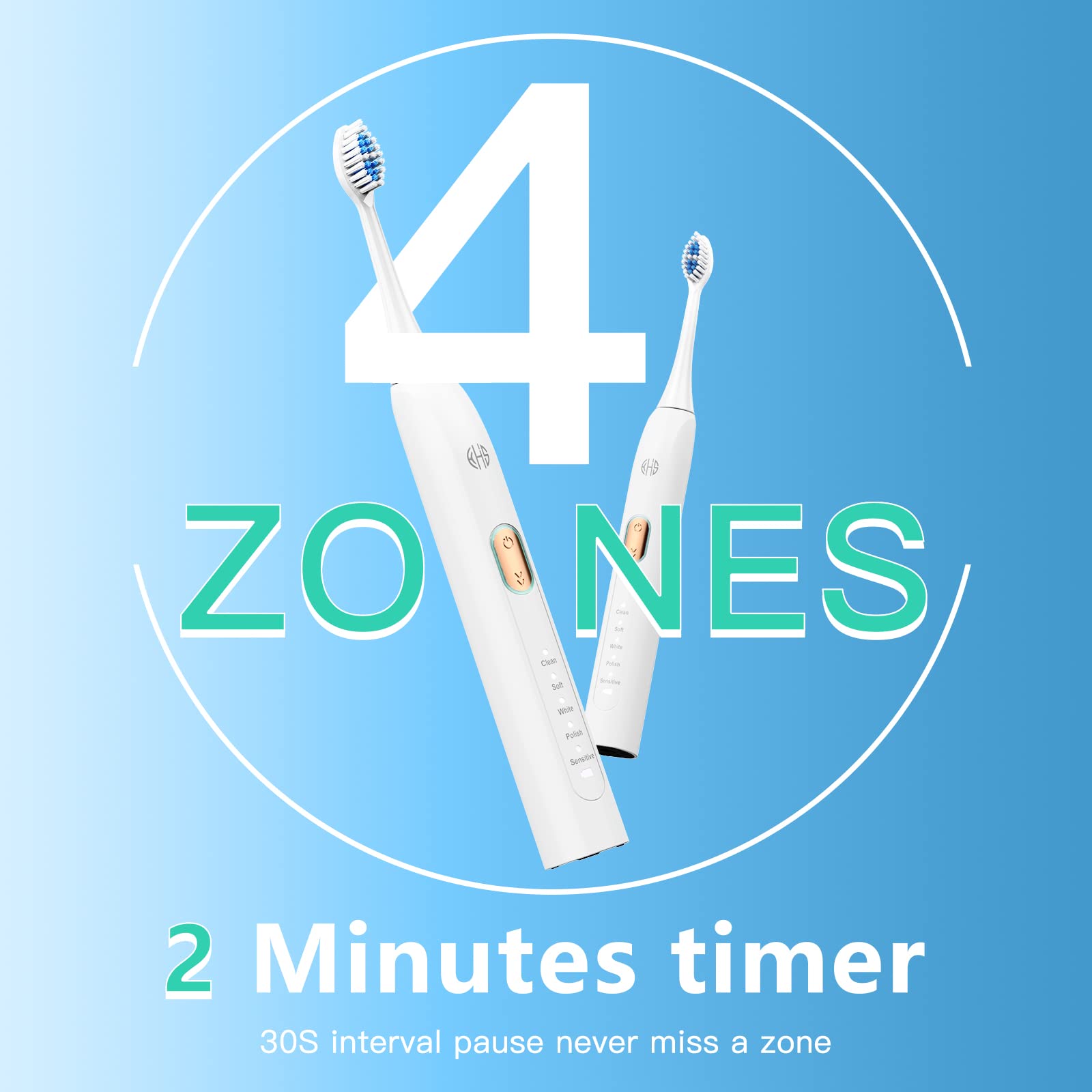 KHS Sonic Electric Toothbrush for Adults and Kids with 4 Brush Heads 5 Modes Rechargeable Toothbrushes with 2 Mins Smart Timer(Off-White)