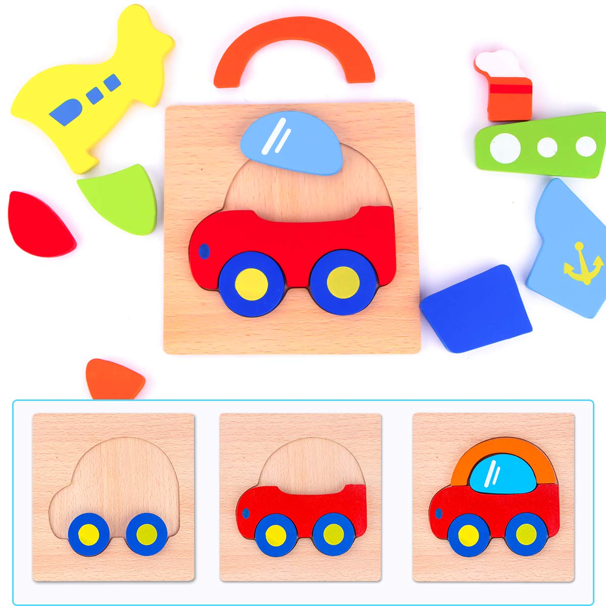 SKYFIELD Wooden Vehicle Puzzles for Toddlers 1 2 3 Years Old, Boys &Girls Educational Toys Gift with 4 Vehicle Patterns, Bright Vibrant Color Shapes, Customize Gift Box Ready(Vehicle)