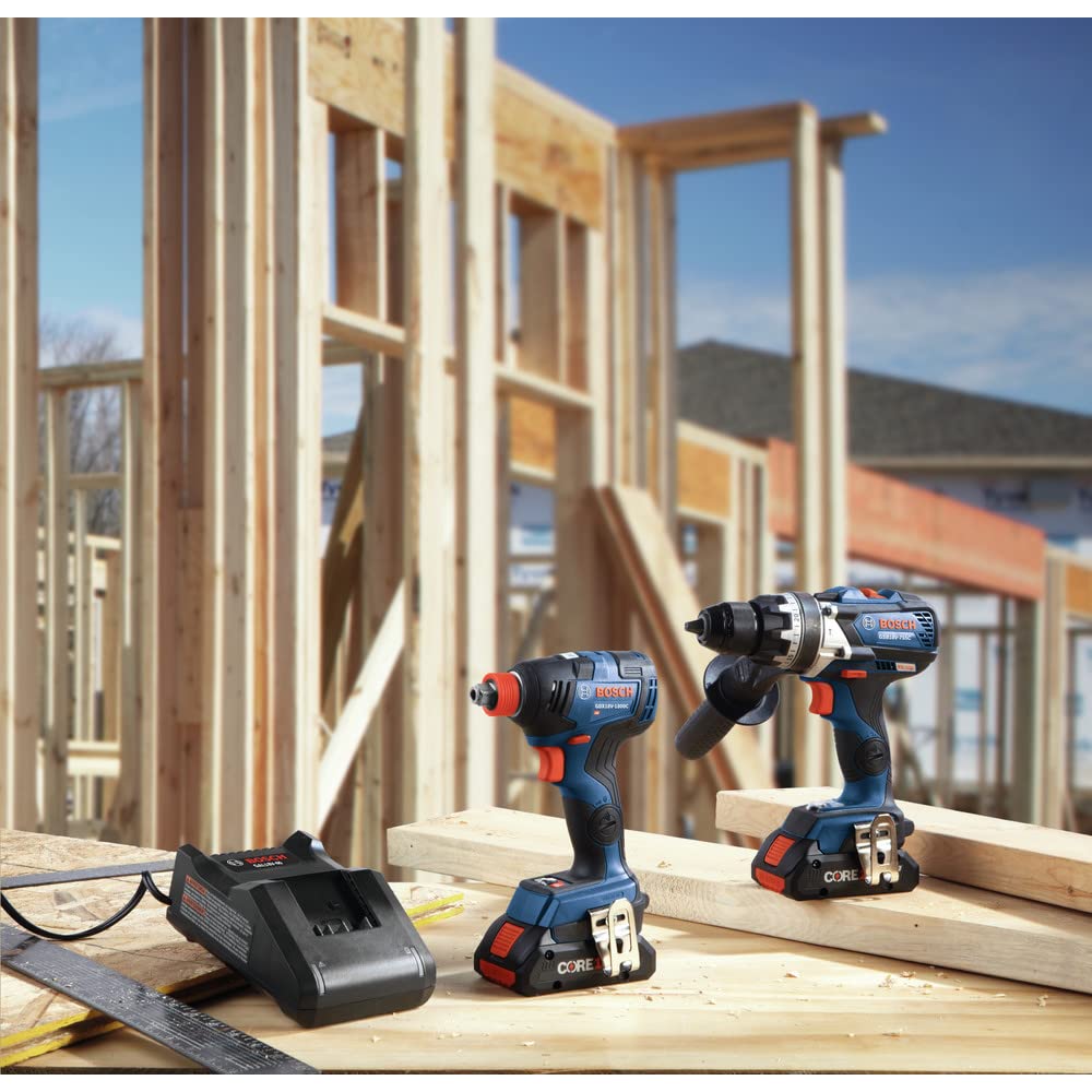 Bosch GXL18V-224B25-RT 18V Brute Tough Connected-Ready EC Brushless Li-Ion 1/2 in. Cordless Hammer Drill Driver / 1/4 / 1/2 in. 2-In-1 Impact Driver Combo Kit (4 Ah) (Renewed)