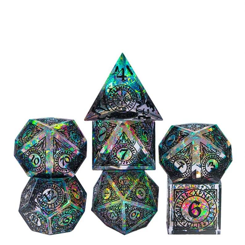Clear Ancient Rune Wizard Sharp DND Dice Set with Leather Dice Box | for Dungeons and Dragons, D&D, Sharp Edge, D20 Polyhedral Resin Dice, Dungeons and Dragons Gifts, Accessories