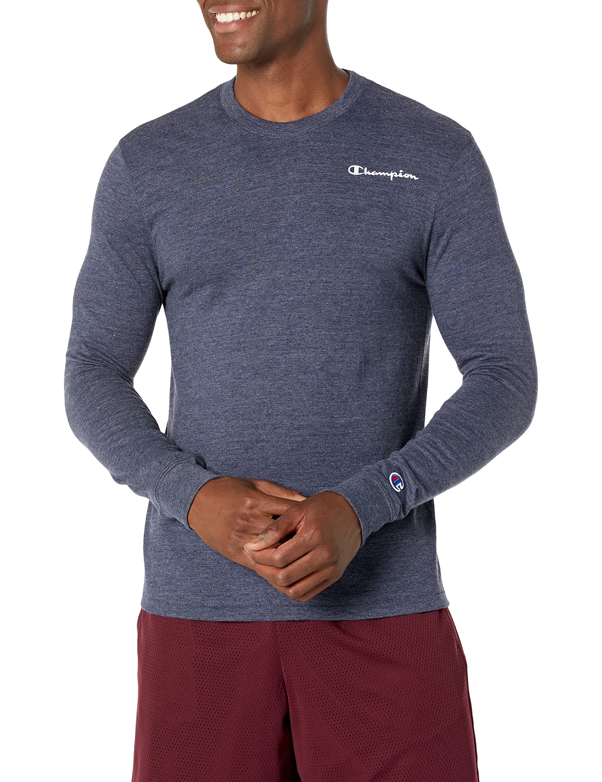 Champion Powerblend Tee, Crewneck, Men’s Long Sleeve T-Shirt, Navy Heather-586IKA, X-Large