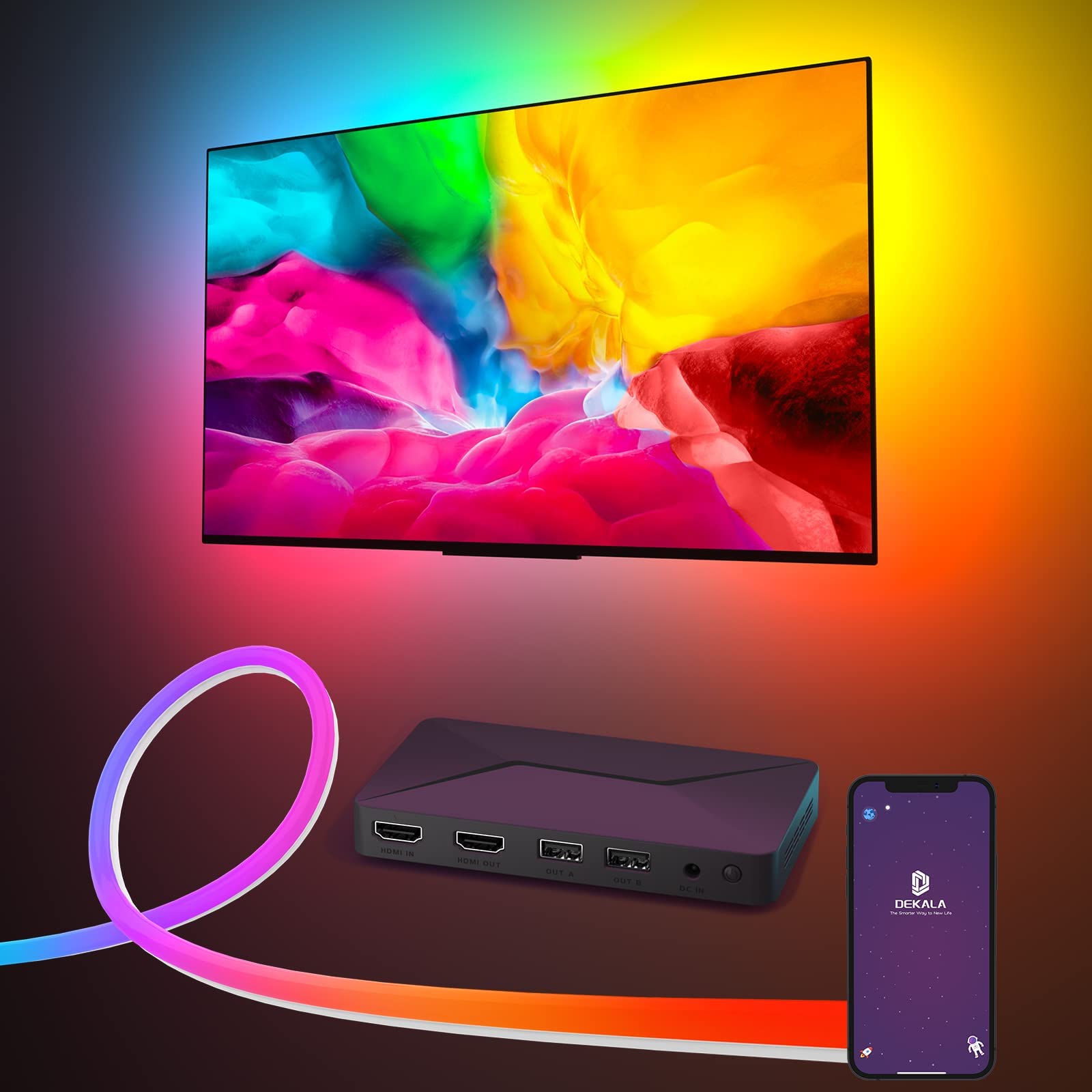 Dekala TV LED Syncing Backlights Kit with HDMI 2.0 Sync Box, ARGB TV Backlights for 55 60 inch TV Screen, Voice/App Control, Input Work with TV Box, PS4 PS5 Xbox Sync with TV Gaming