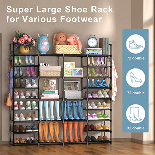 Huolewa Large Shoe Rack Organizer Storage, 4 Row 9 Tier for Bedroom Closet Entryway, Free Standing Tall Metal Shelf Stand, Sturdy Big Black Garage Shoe Holder for 64-72 Pair